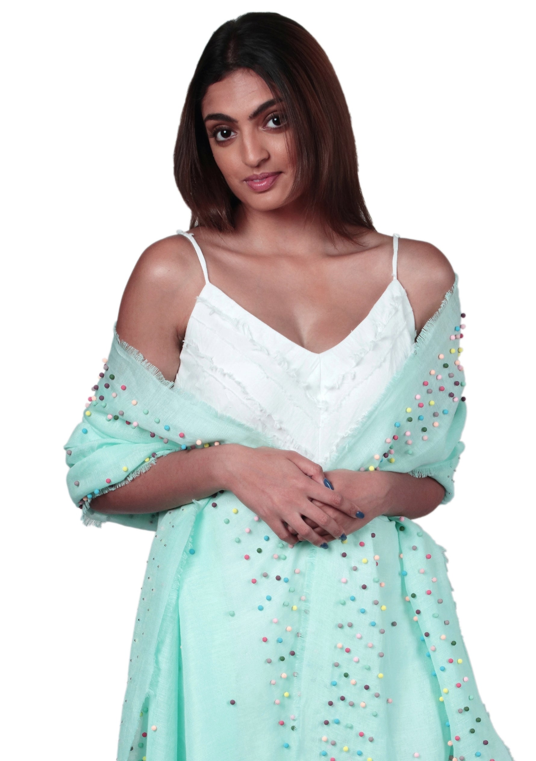 Lt. Mint Linen and Modal Scarf with Multi-colored Rudraksha Pearls | Maneesha Ruia