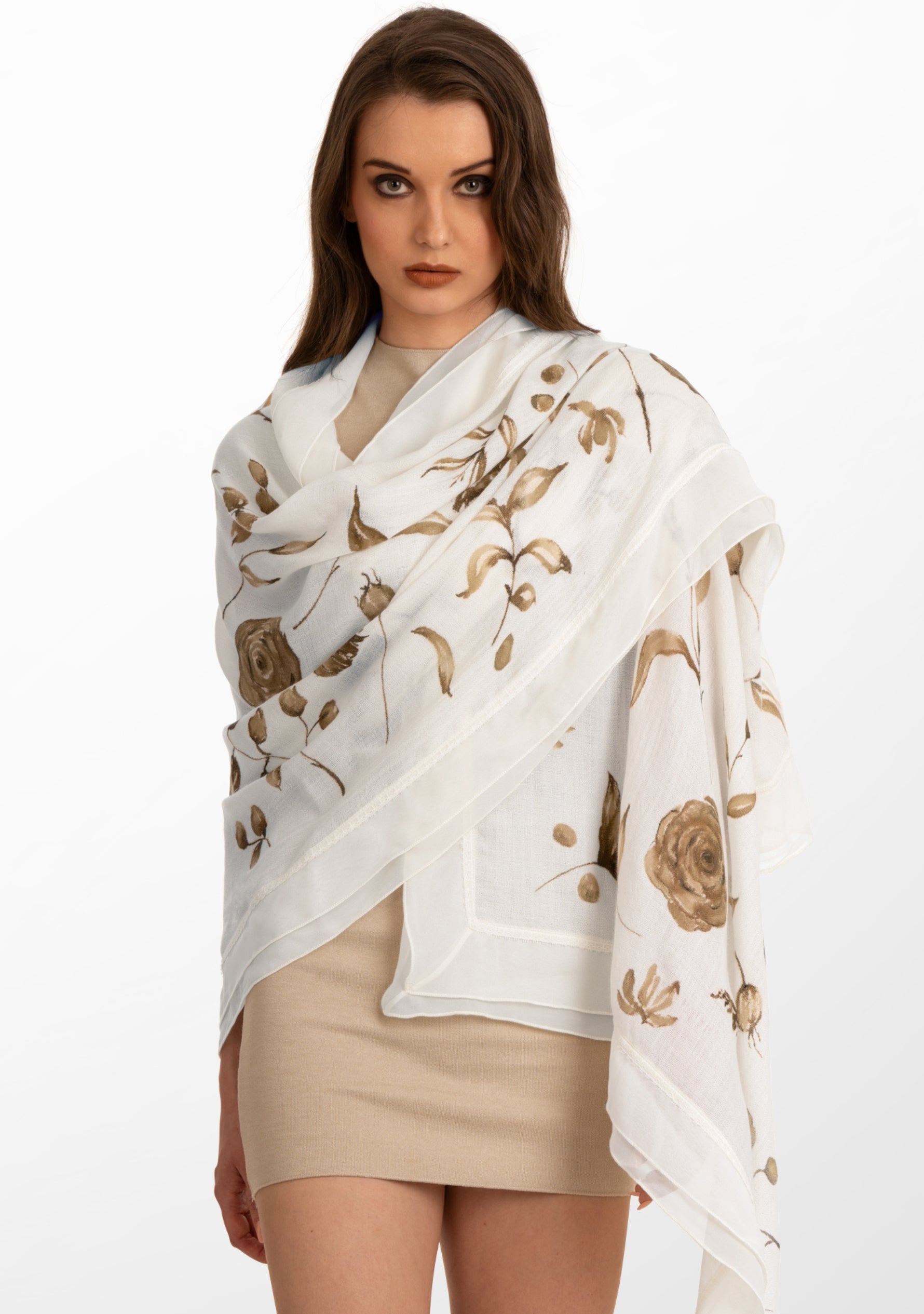 Ivory Cashmere Scarf with Hand-Painted Vintage Design and Ivory Frill
