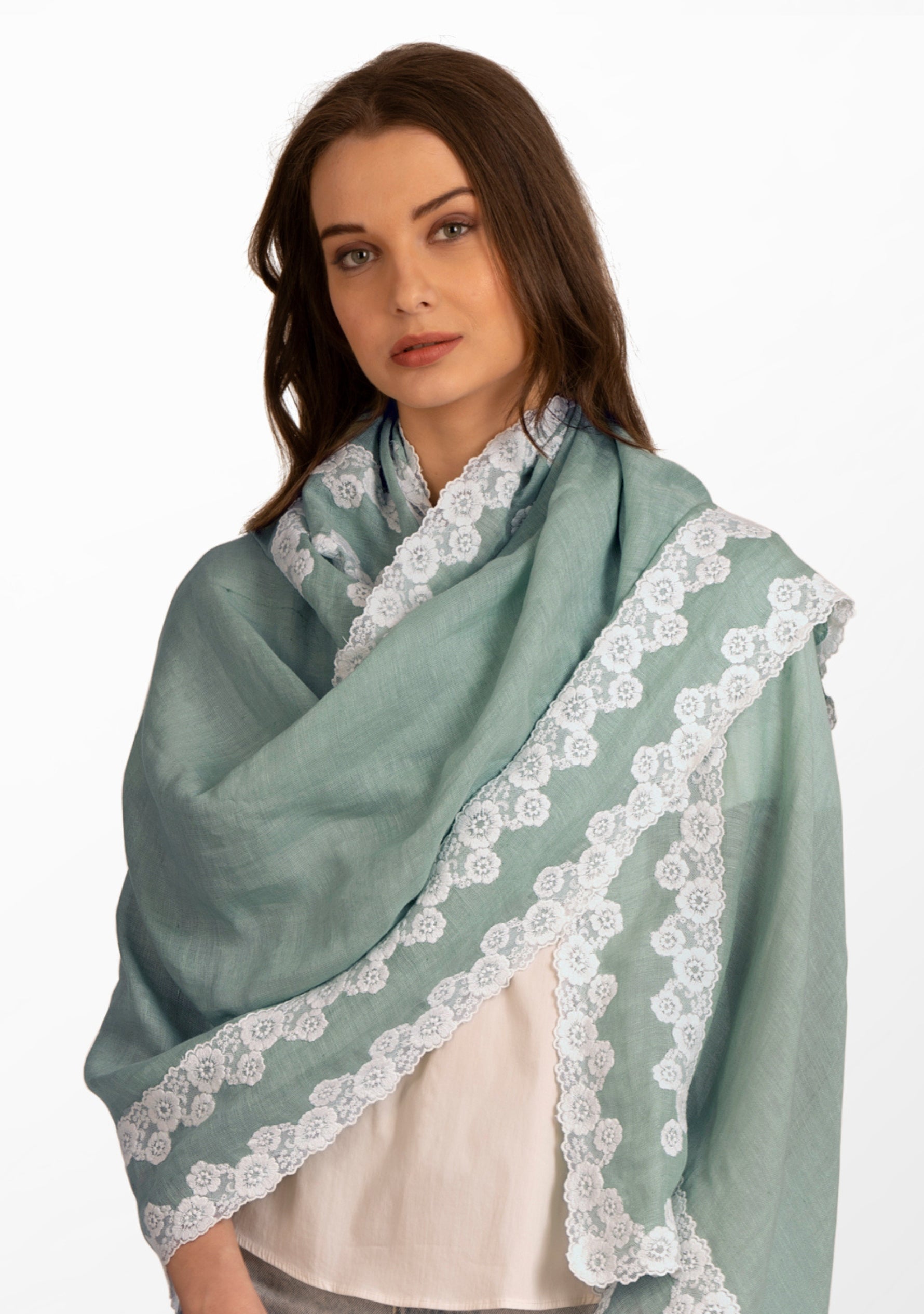 Lt. Sage Green Linen and Modal Scarf with a Double White Lace Border ...