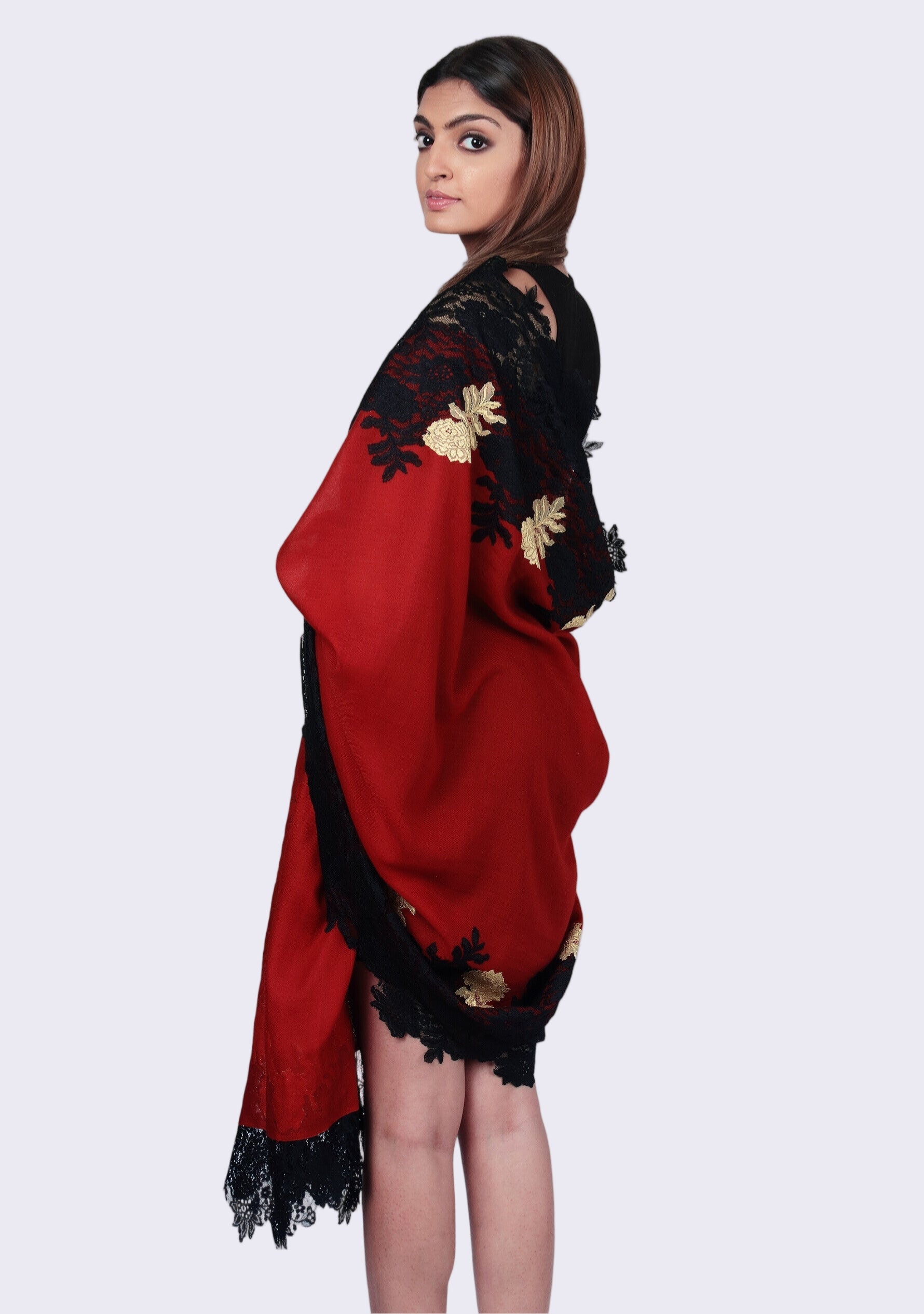 Maroon wool and Silk Scarf with a Black and Dk. Gold Double Color Lace ...