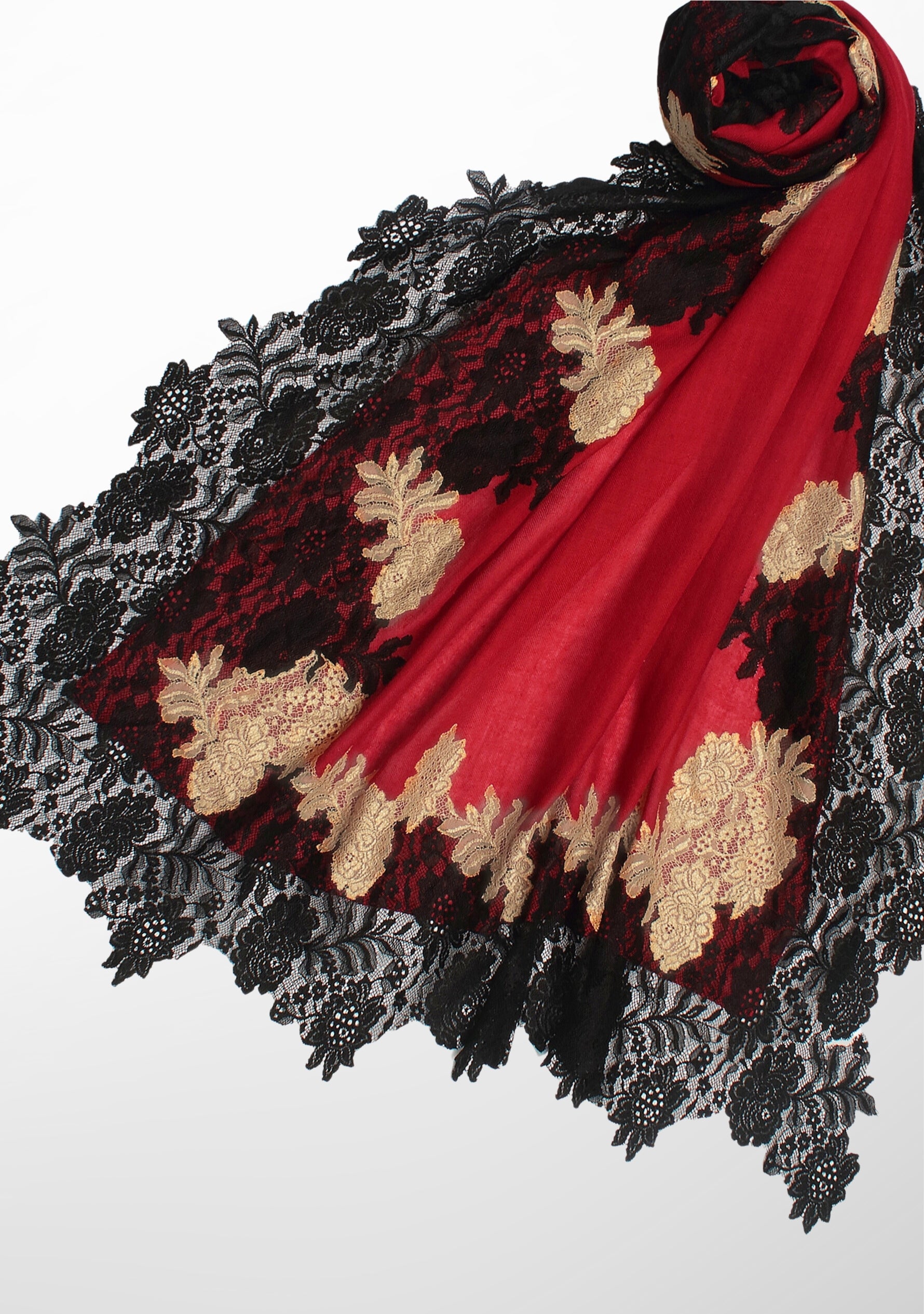 Maroon wool and Silk Scarf with a Black and Dk. Gold Double Color Lace ...