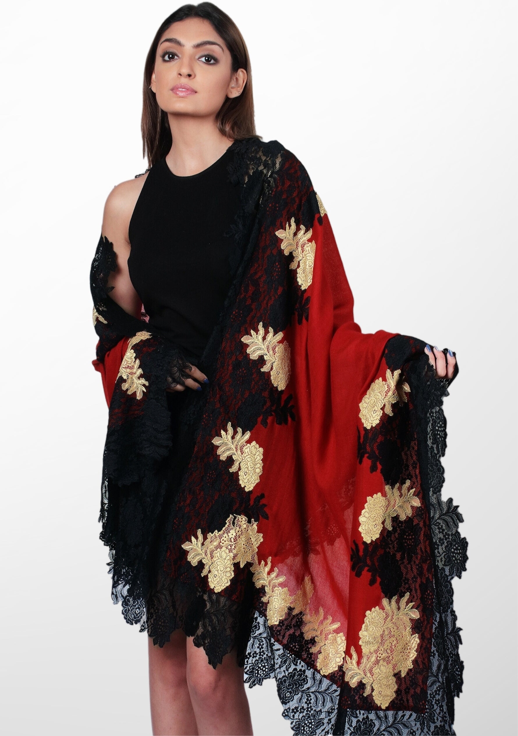 Maroon wool and Silk Scarf with a Black and Dk. Gold Double Color Lace ...