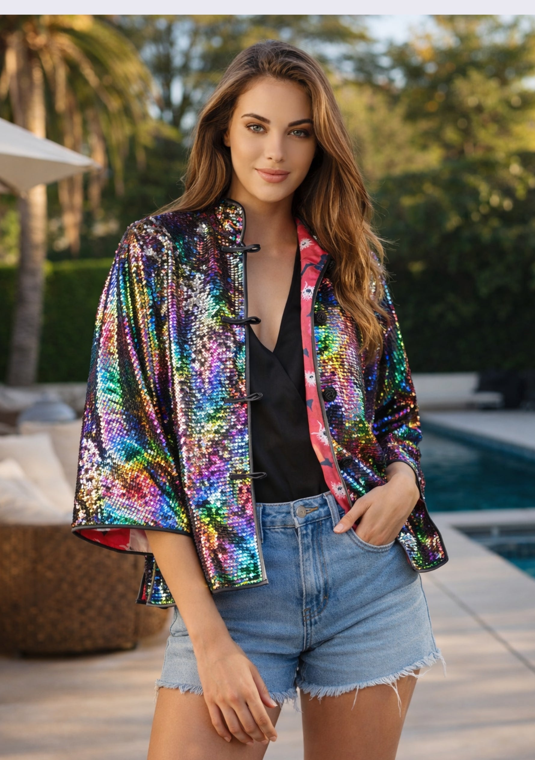 Multi-Colored Jacket Black Faux Leather Trims