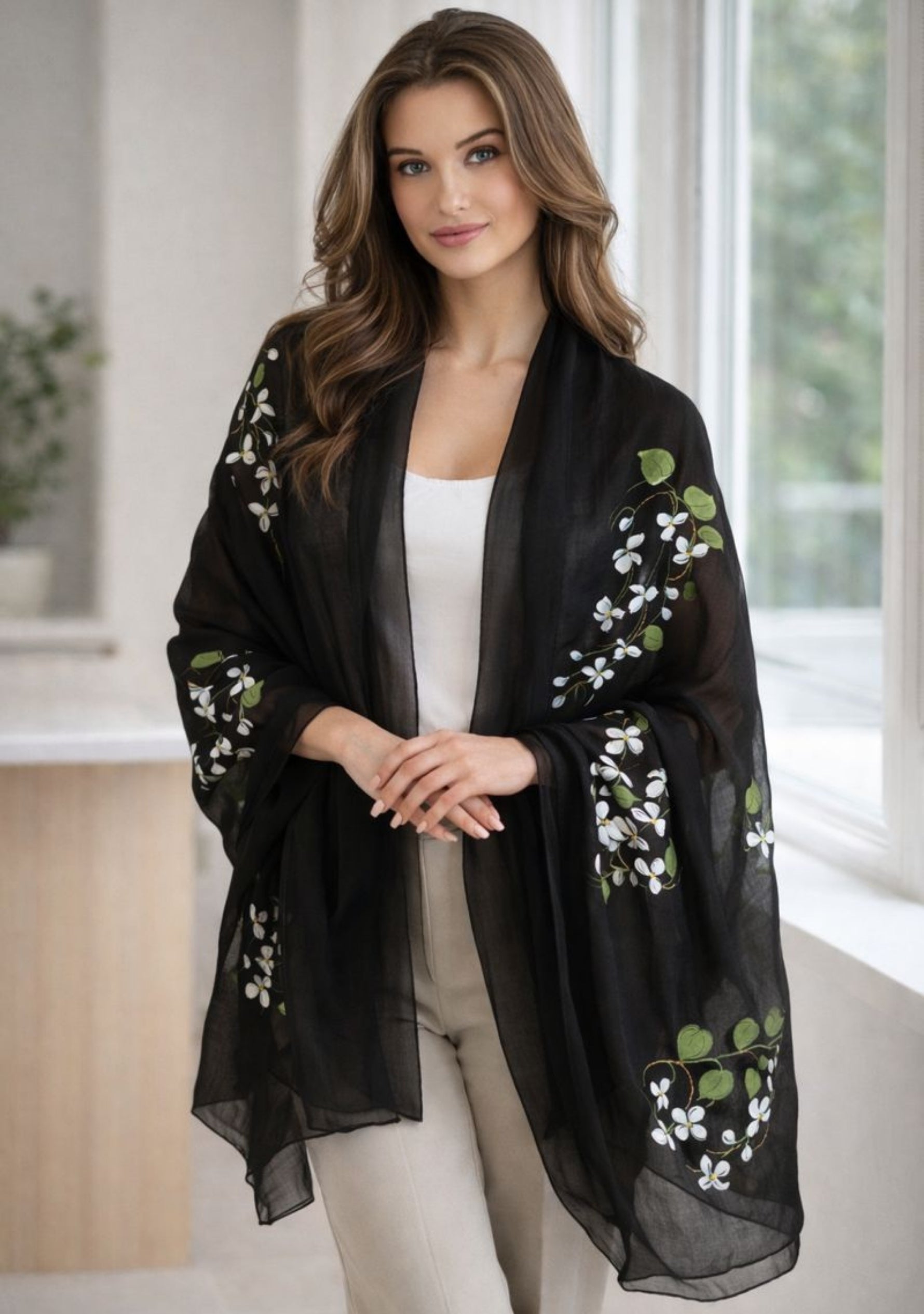 Black Linen & Modal Scarf Hand-Painted, Frill & Lace