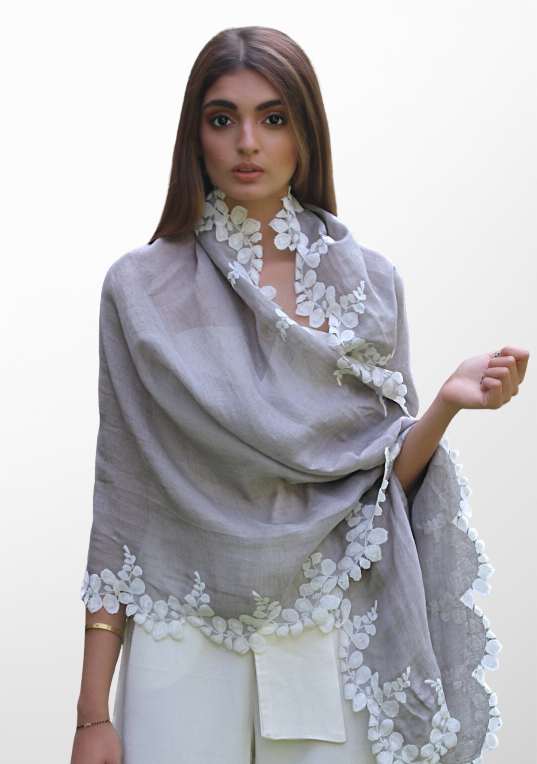 Mousse Linen and Modal Scarf with an Ivory Scalloped Lace Border ...