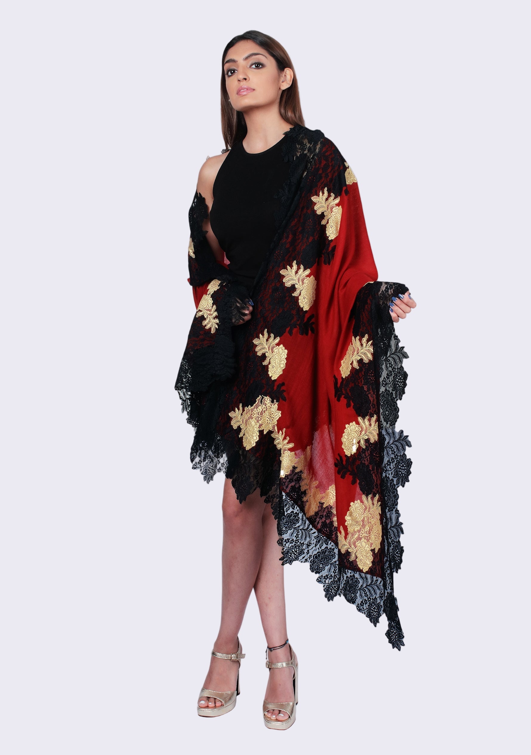 Maroon wool and Silk Scarf with a Black and Dk. Gold Double Color Lace ...