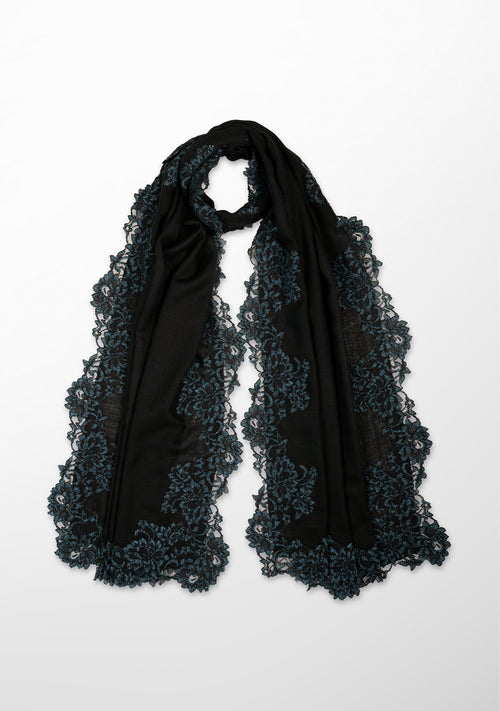 Black Cashmere Scarf with a Dual Shade Black and Blue Floral Chantilly