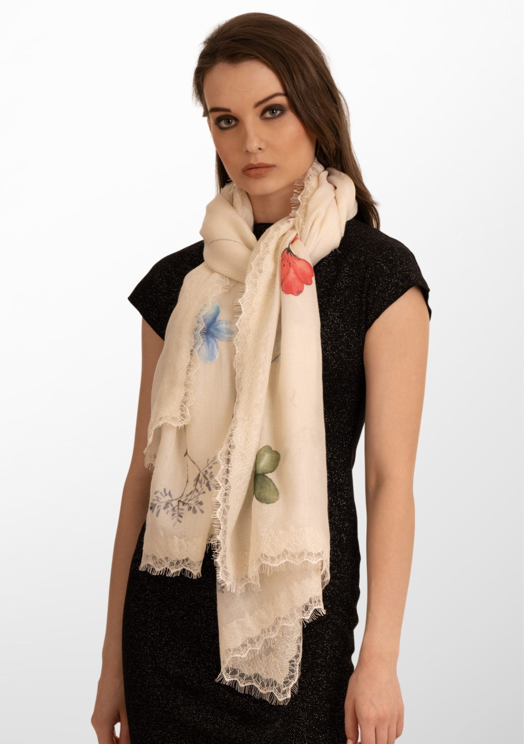 Ivory Cashmere Scarf with Hand-Painted Prime Design and an Ivory Lace ...