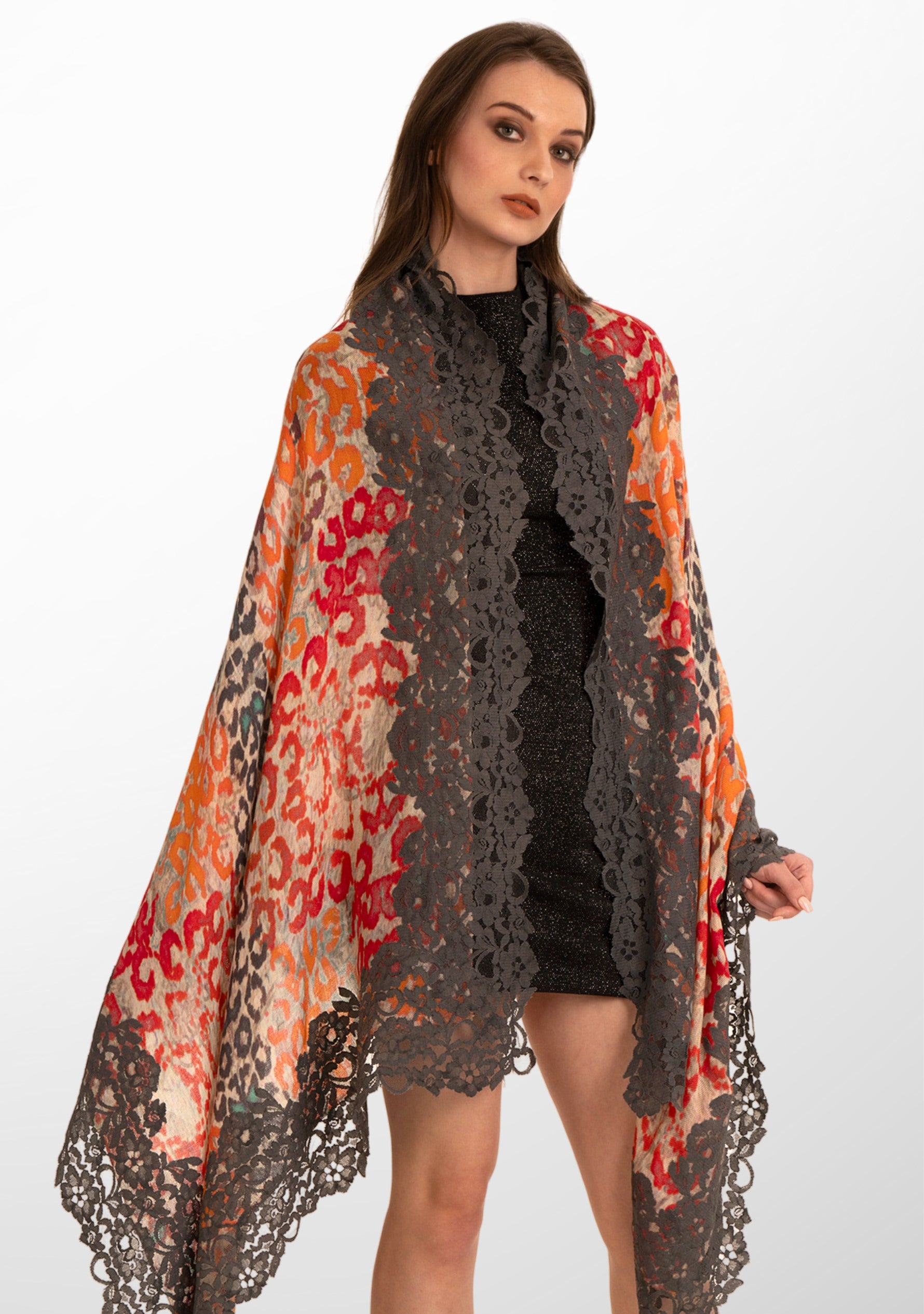 Multi Red Leopard Print Wool and Silk Scarf with a Grey Floral Lace Bo ...