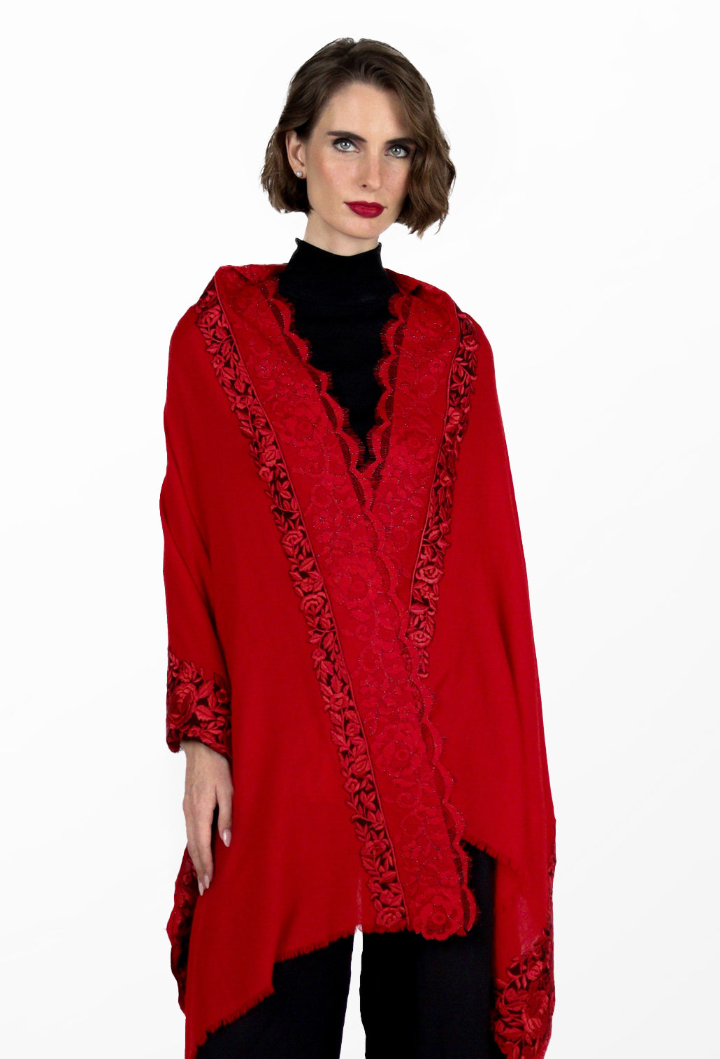Red Cashmere Scarf with Black and Red Embroidery and Filigree Lace ...