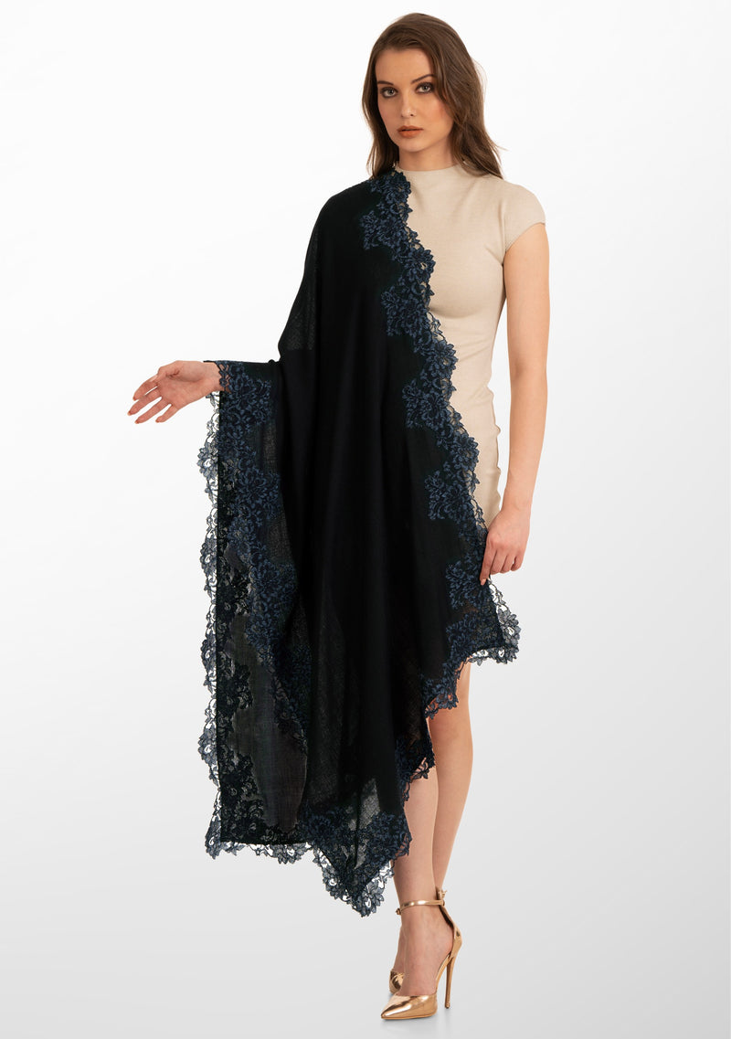Black Cashmere Scarf with a Dual Shade Black and Blue Floral Chantilly