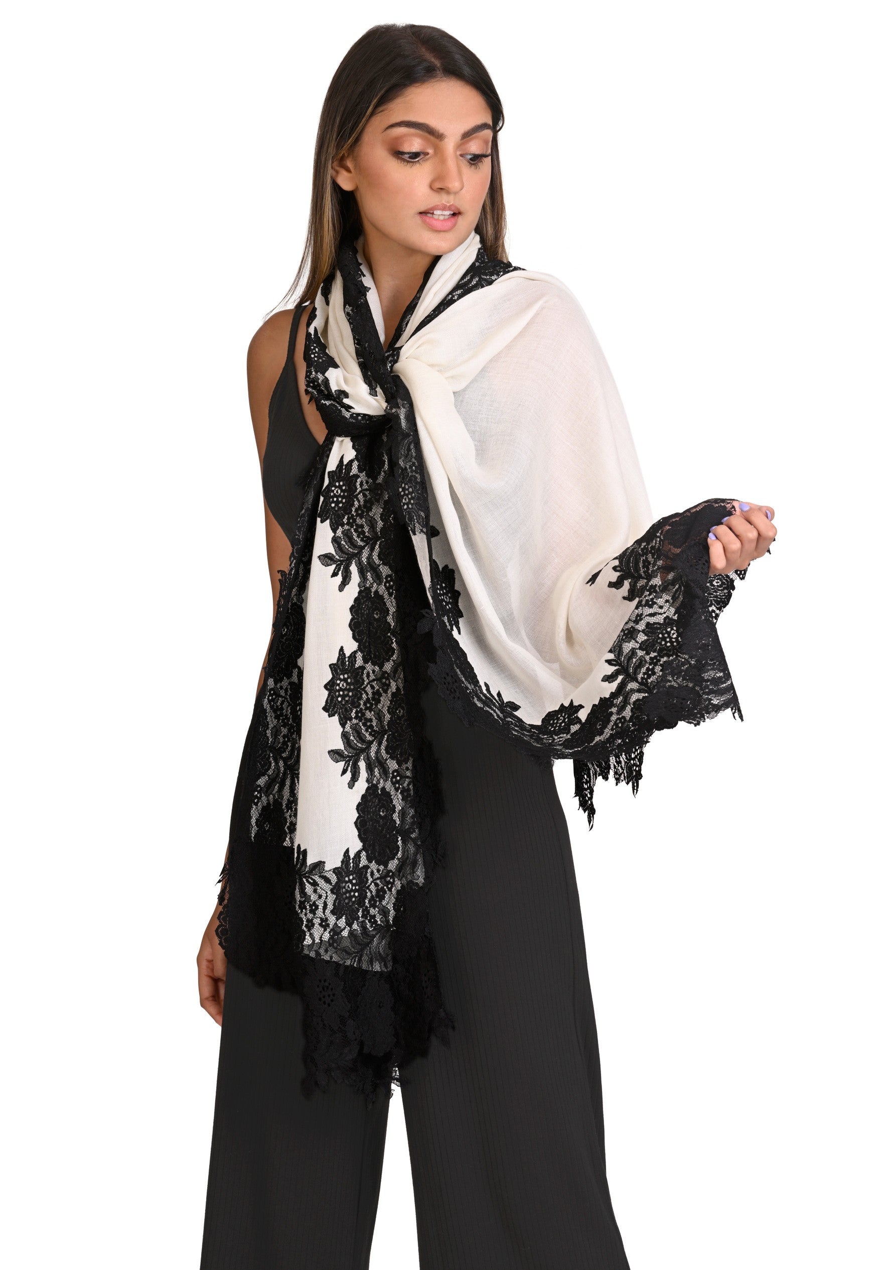 Ivory Silk And Wool Scarf with a Black Floral Lace Border – Maneesha Ruia